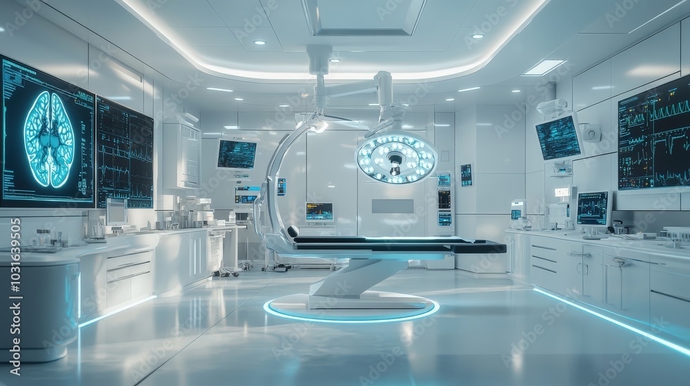 An operating room featuring a sophisticated setup for neurosurgery ...