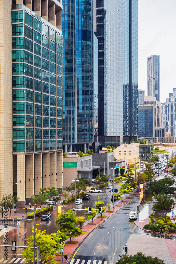 Dubai. Heavy Rain and Flooded Street in UAE. Top view. vertical Stock ...