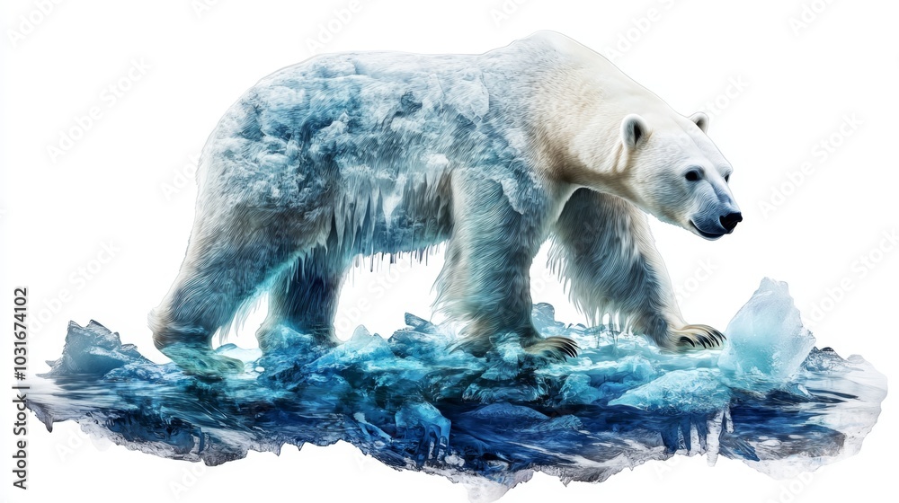 Solemn Polar Bear: Melting Ice Global Warming Awareness in Cold Blue ...