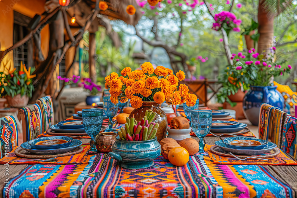 Festive mexican table setting featuring chiles en nogada and ...