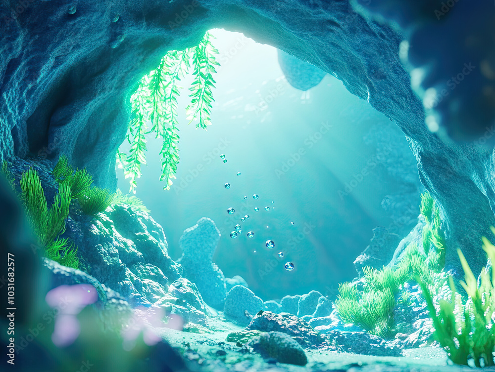 Arc Shape Underwater Cave Background Glowing Sea Creatures and ...