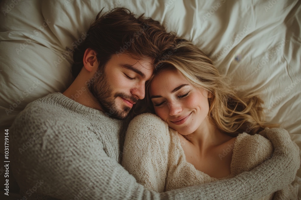 Happy husband and wife sleeping in hug on bed, enjoy good cozy morning ...