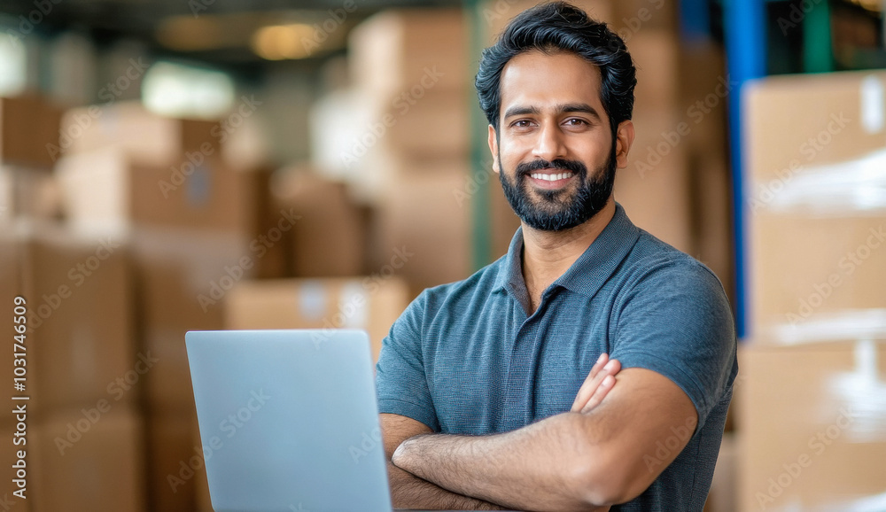young indian man using laptop at warehouse Stock Photo | Adobe Stock