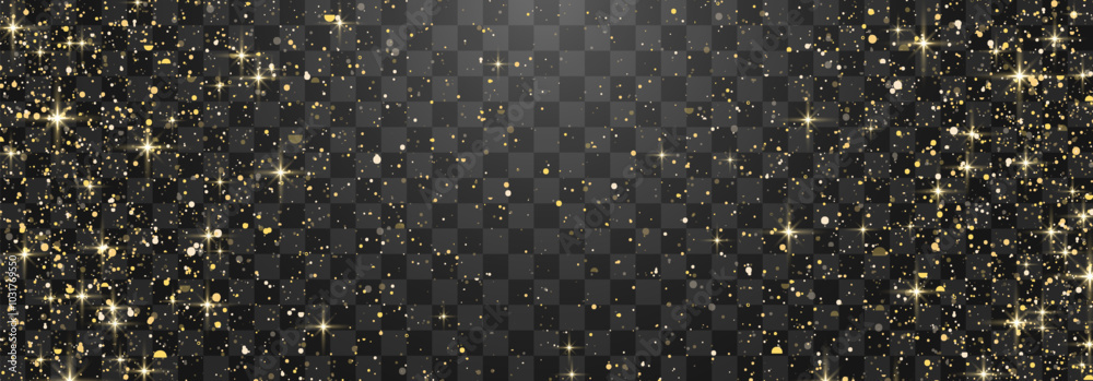 Glitter gold particles shine effect on transparent background. Vector gold glitter particles ...