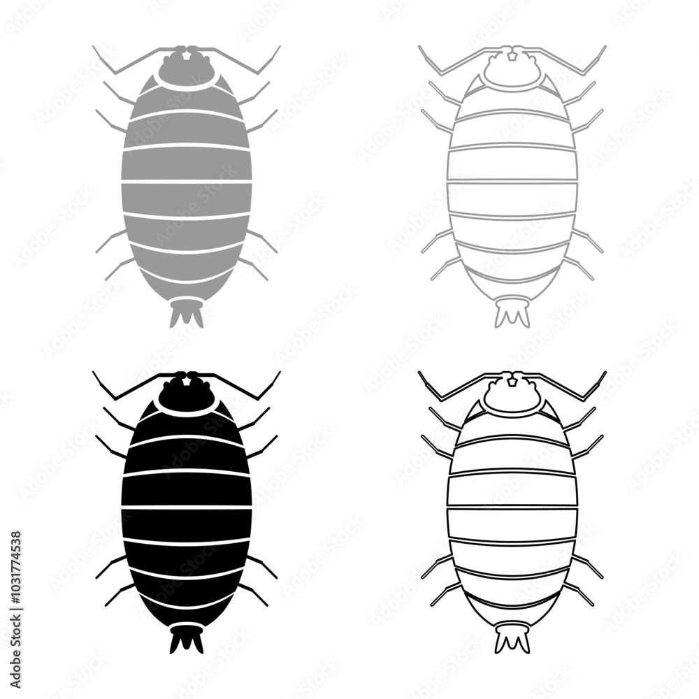 Roly poly woodlouse porcellio scaber woodruff set icon grey black color ...
