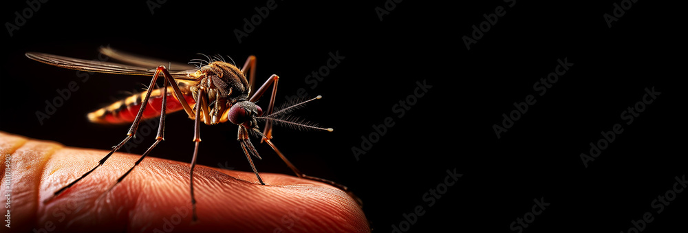 Extreme close-up, macro photography of a mosquito sucking blood by piercing its proboscis mouth ...