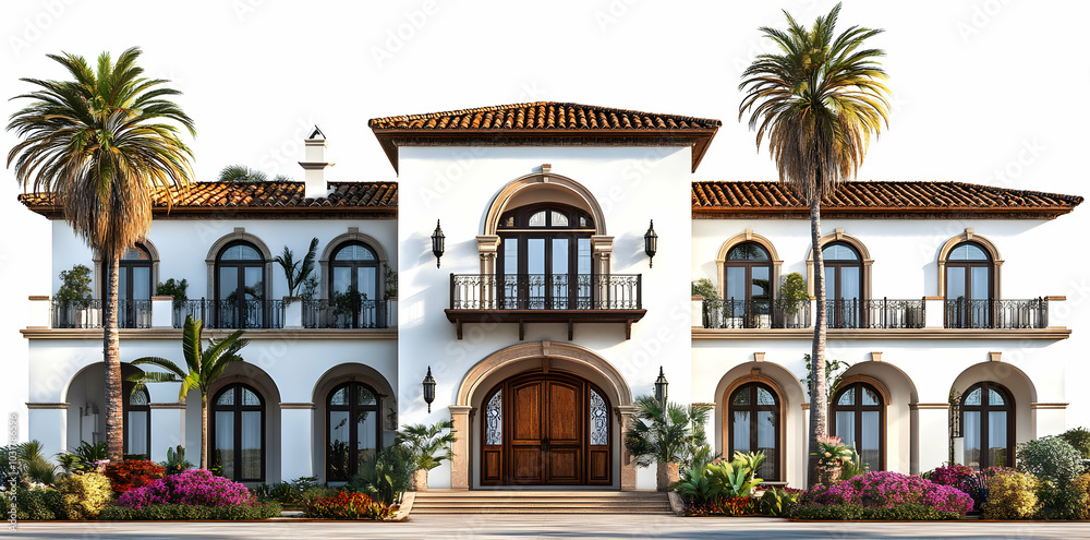 Spanish Colonial Style Mansion with Palm Trees and Lush Landscaping ...