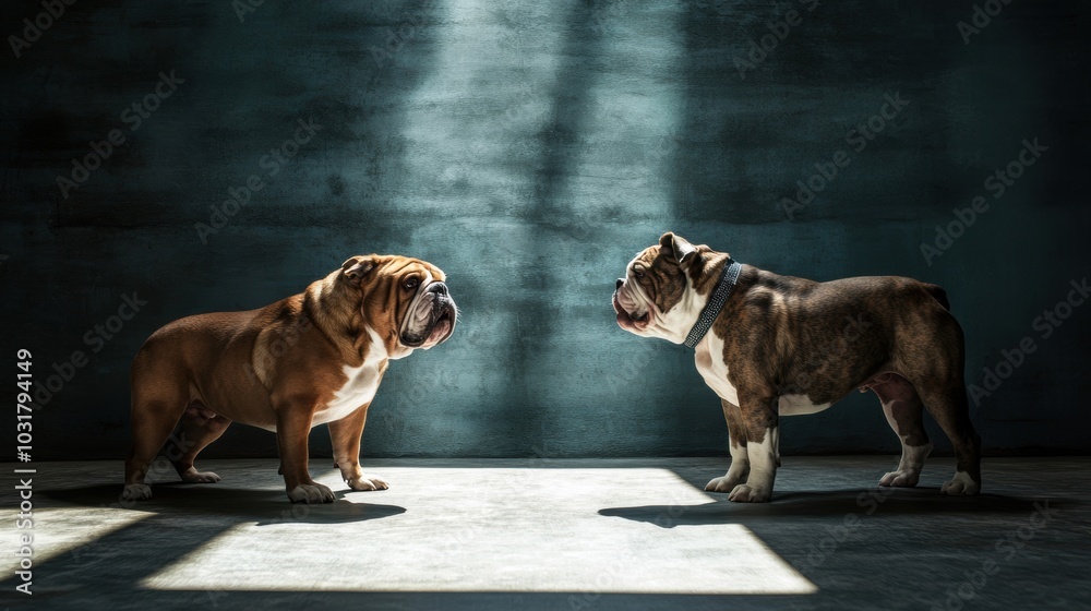 Two bulldogs standing face to face under a dramatic spotlight, creating ...