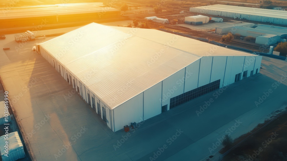 Sunrise Over the Warehouse: Aerial view of a large, modern warehouse ...