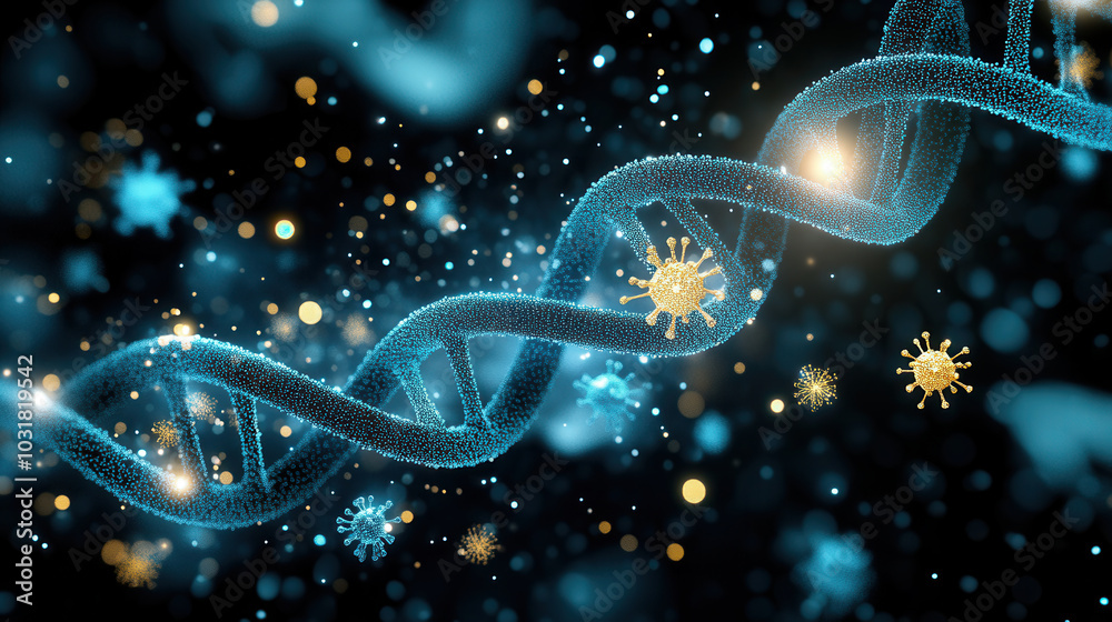 DNA strand intertwined with molecular virus, showcasing vibrant and ...