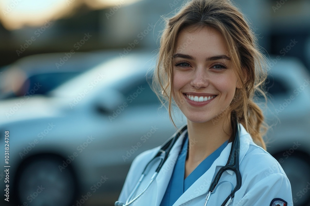 Positive young woman doctor standing at hospital parking lot in front ...