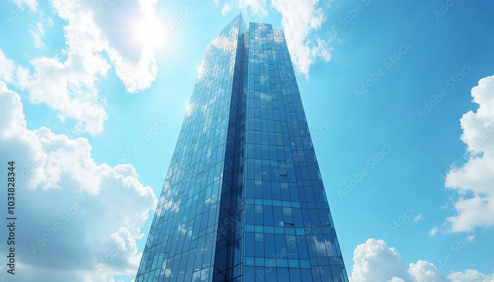 A modern skyscraper featuring a transparent glass facade, showcasing a ...