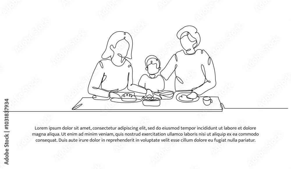 เวกเตอร์ Stock Continuous line design of eating with family. Single ...