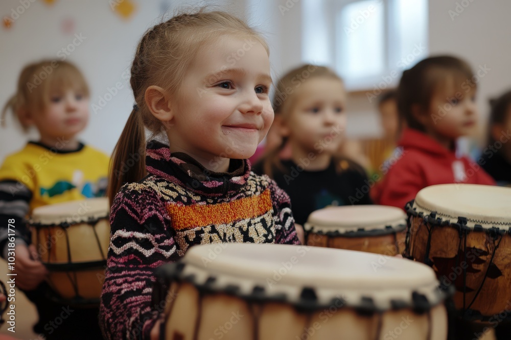Children Learning Music. Group of Kids Playing Musical Instruments in ...