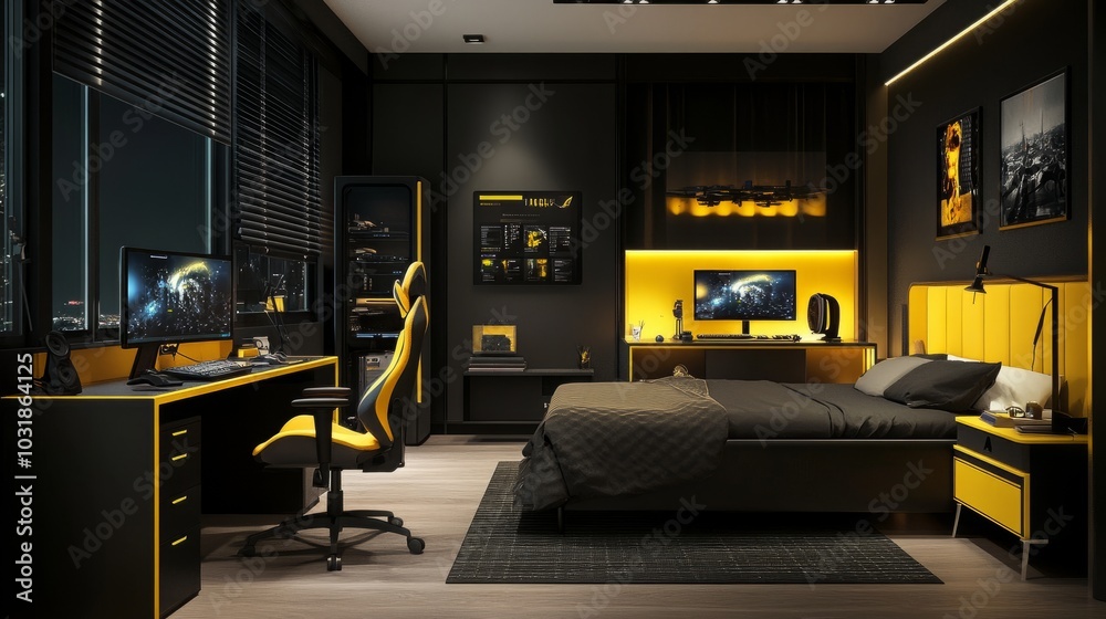 Modern black and yellow room featuring a bed, desk with a dual-monitor ...