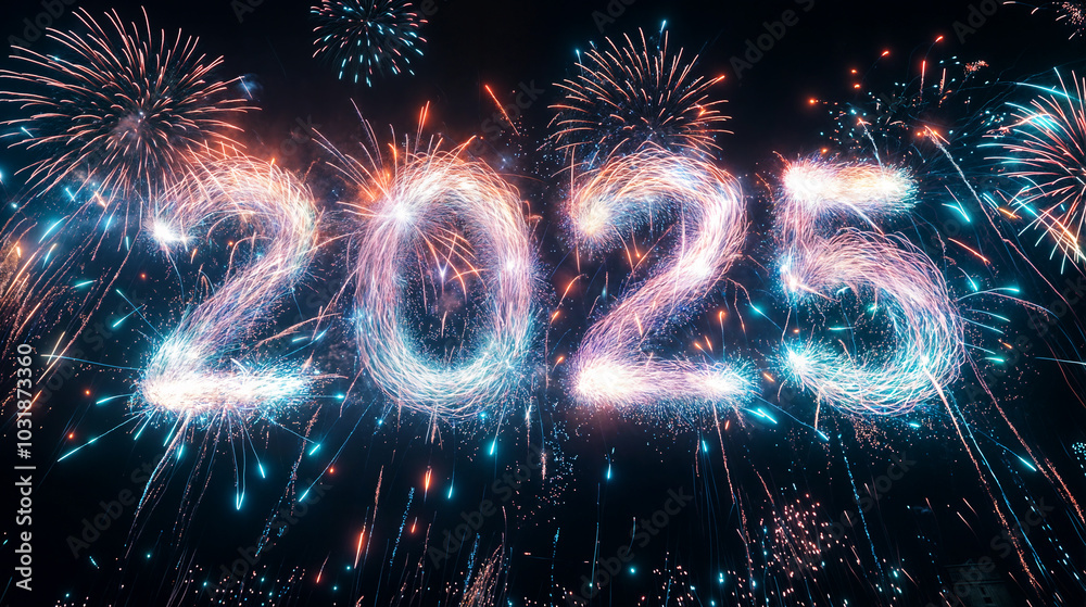 2025 Fireworks Display in Night Sky, Vibrant and Explosive New Year ...