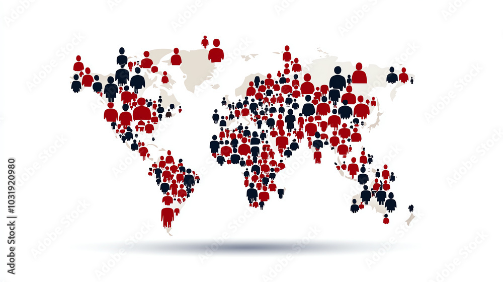 Colorful world map with diverse human figures, representing global ...