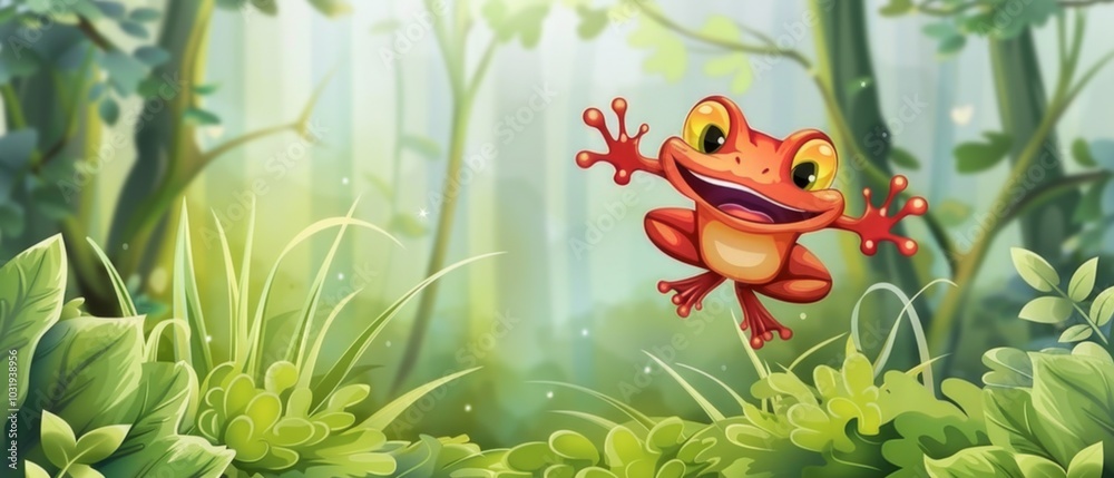 Illustration of a happy red tree frog mid-jump in a lush rainforest ...