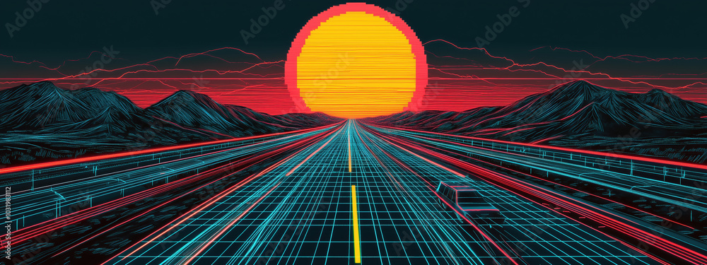 Classic 80s Style Game Screen Depicting Highway and Exit, Neon Pixel ...