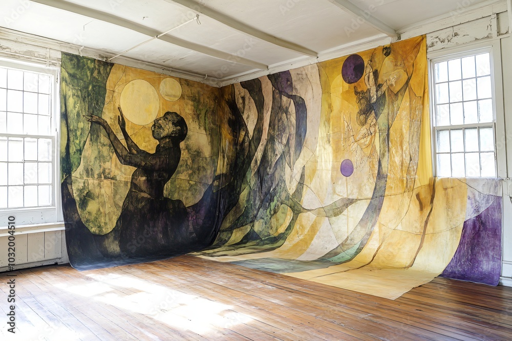 Large fabric painting with human figure reaching celestial bodies ...
