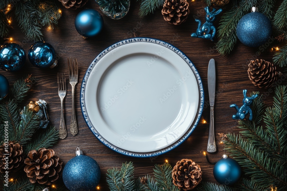 Christmas banner dining table setting frame with empty plate, cutlery ...