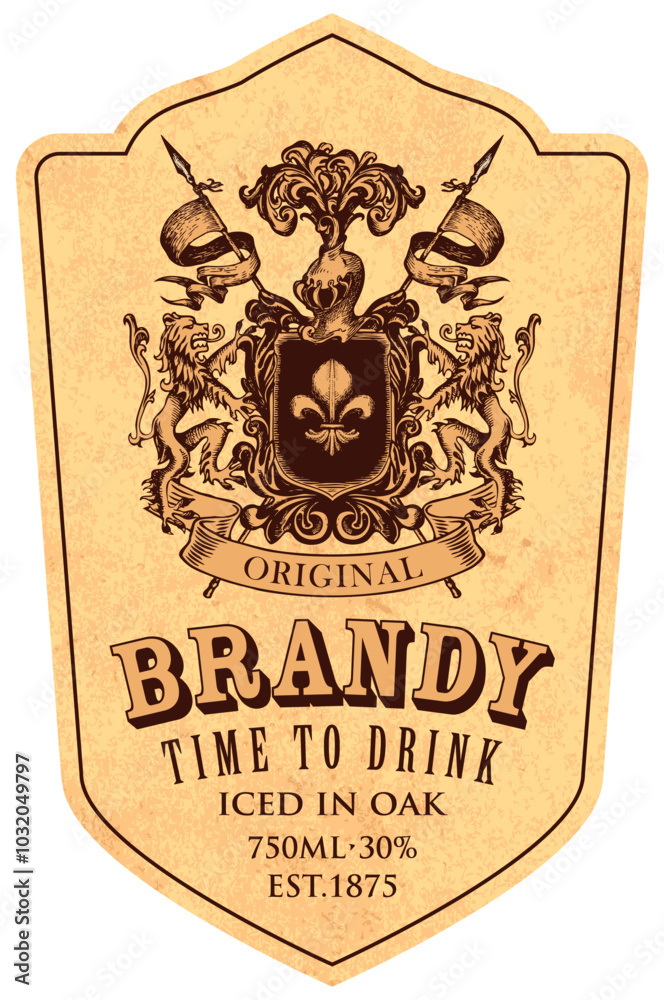 Hand-drawn banner or label for Brandy with coat of arms on an old paper ...