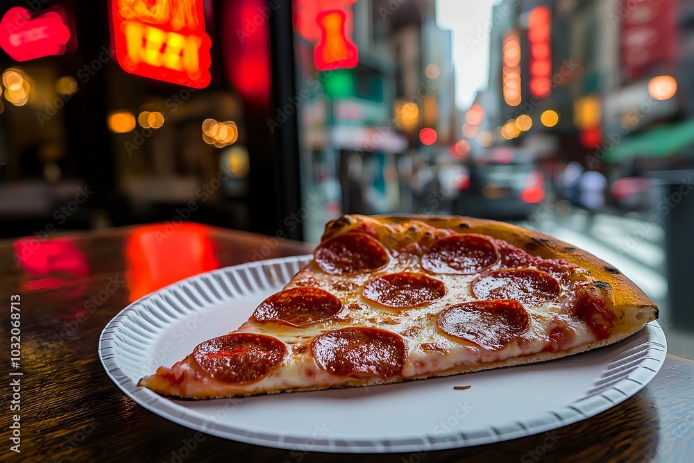 A Classic Pepperoni Pizza Slice, Served on a Paper Plate in a Bustling ...