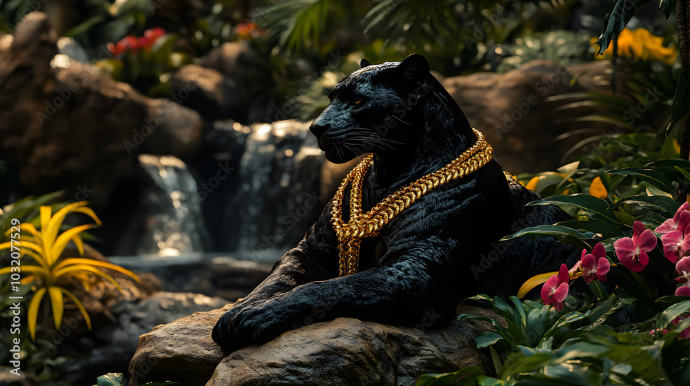 Stunning Black Panther with Lavish Gold Chains Amidst Tropical Wildlife ...