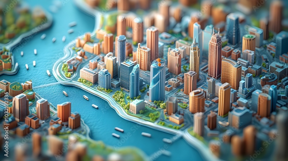 A 3D city map displaying GPS location pins, winding rivers, and ...