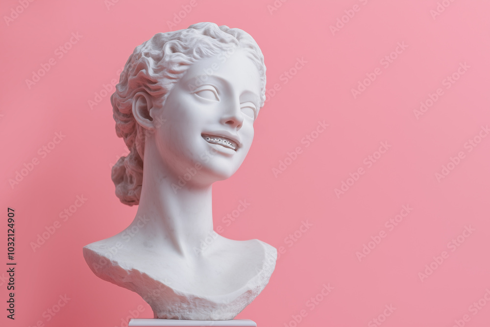 Photo Stock Smiling Ancient greek female sculpture wearing modern ...