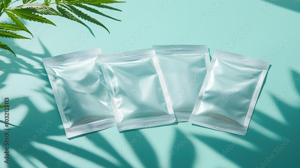 Four White Mylar Bags for Commercial Ads Side by Side on a Teal ...