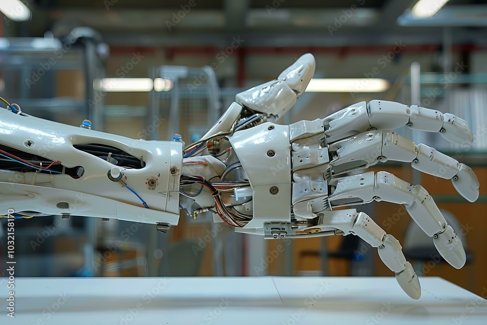 Robotic arm with exposed wires and intricate mechanics is reaching out ...