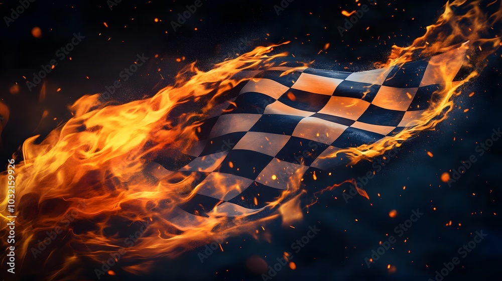 Flowing Checkered Racing Flag with Fire Stock Illustration | Adobe Stock
