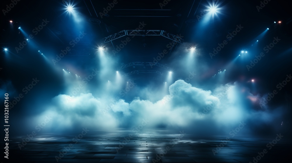 Illuminated stage with scenic lights and smoke. Blue vector spotlight ...