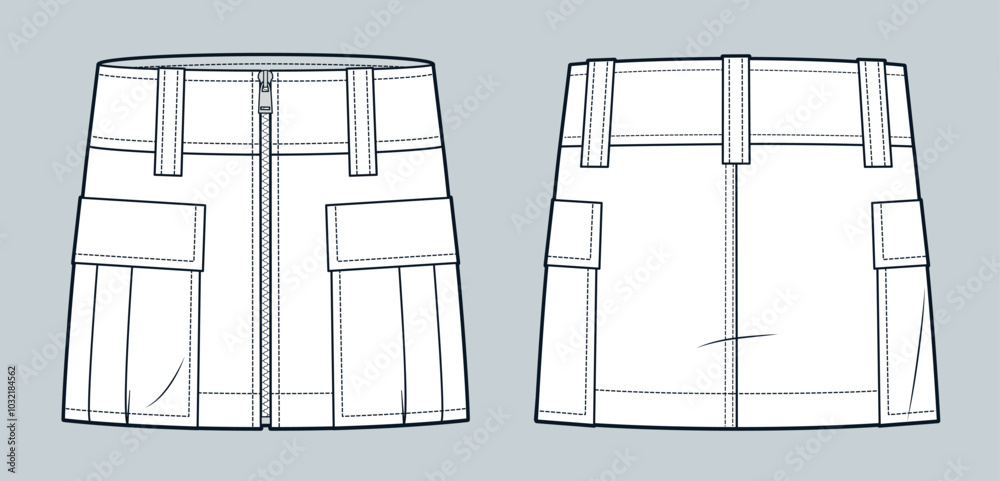 Cargo Skirt technical fashion illustration. Mini Skirt fashion flat ...
