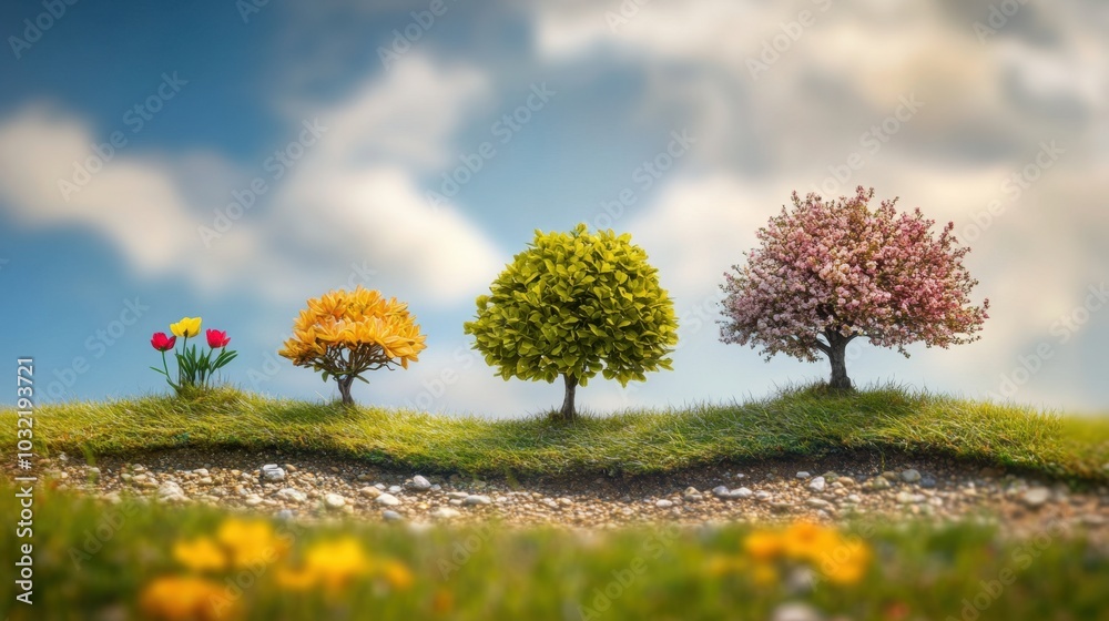 Growth roadmap of a tree, from sapling to full bloom, highlighting ...