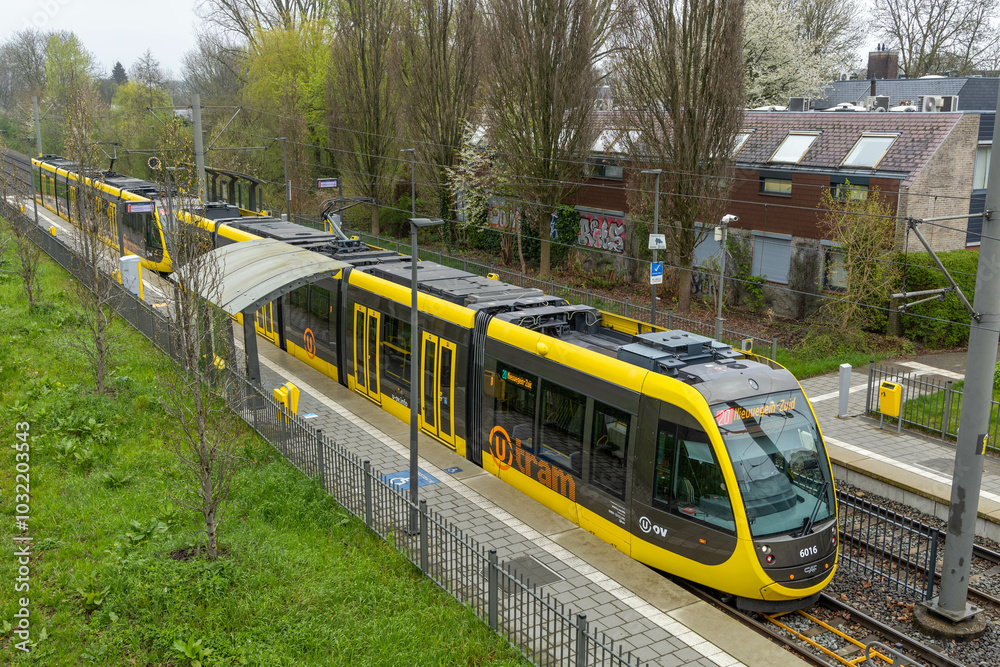 Tram at station platform Wijkersloot going to Nieuwegein Zuid. Tram ...