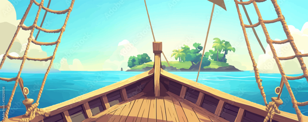 Pirate ship bow deck with rope ladders, wooden railings, and a clear ...