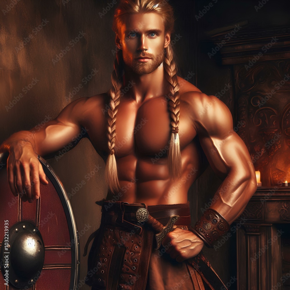 Handsome and Sexy Viking Warrior. Muscular Shirtless Male with Long ...