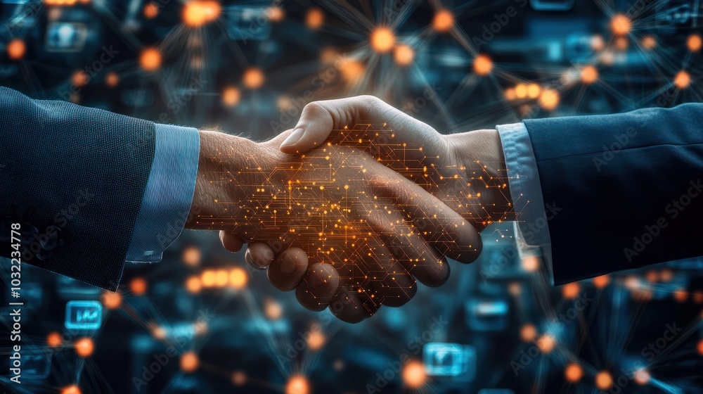 A business handshake is superimposed over a complex digital interface ...