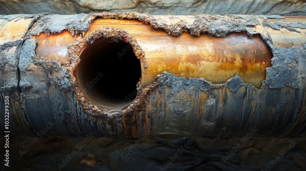 Cross-section of a pipe showing its inner layers, with corrosion and ...