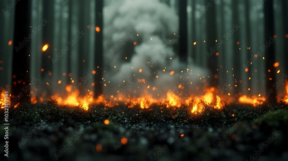 Raging wildfire consuming a remote forest landscape with dense smoke ...