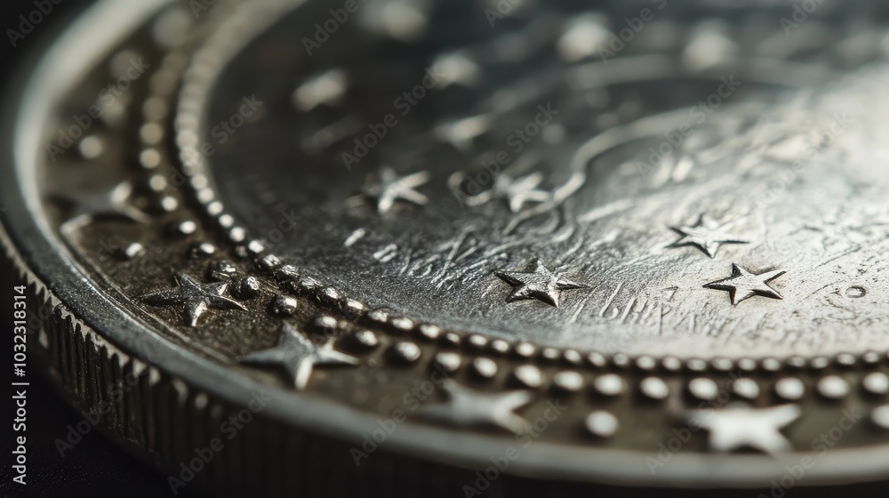 Detailed silver coin border with stars and shields softly lit showing ...