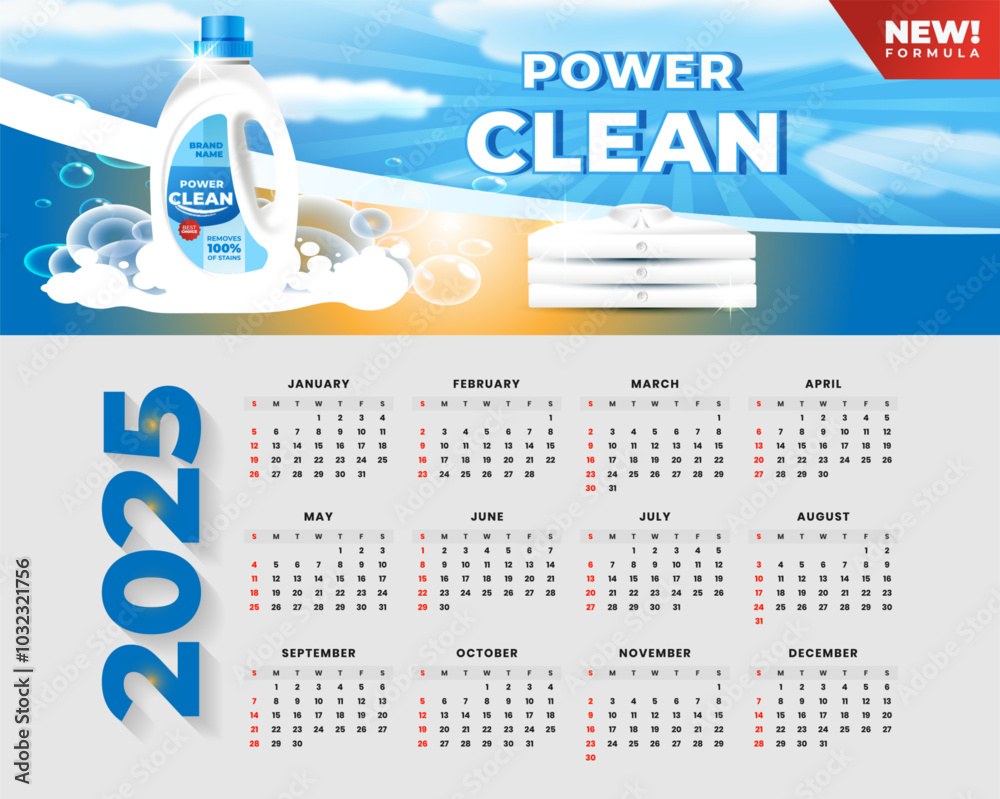 Realistic cleaning product advertisement and 2025 new year calendar ...