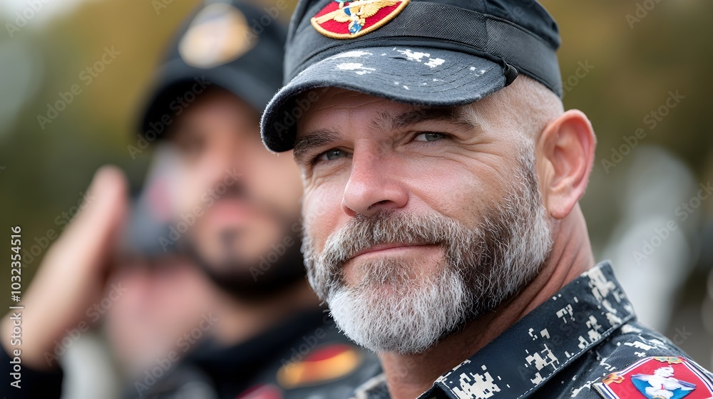 Group of veteran soldiers in military uniforms standing at attention ...