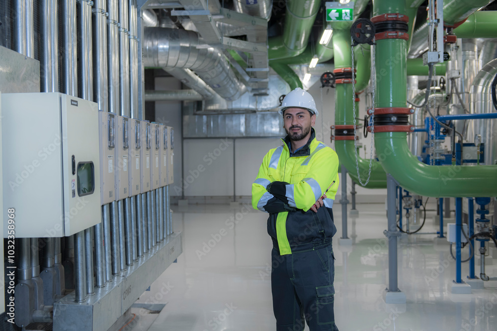 Engineer work in Industrial chiller HVAC heating ventilation air ...