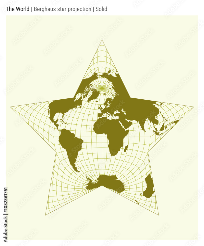 World map in Berghaus star projection, solid style. High detail vector ...
