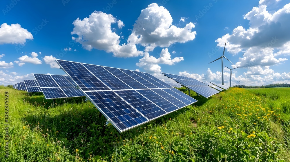 Aerial view of a renewable energy power plant with rows of solar panels ...