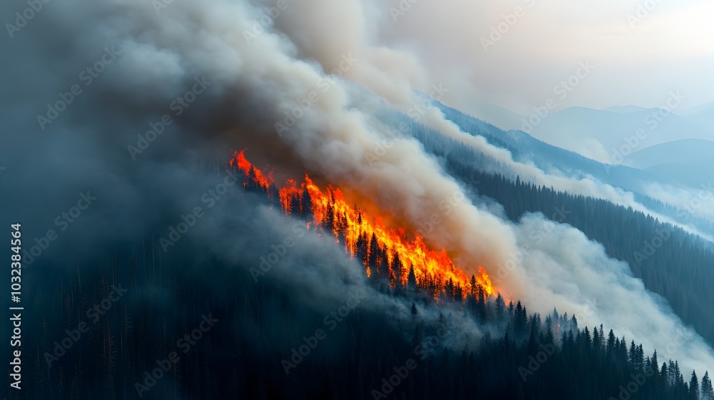 Raging mountain forest fire devouring the landscape with billowing ...