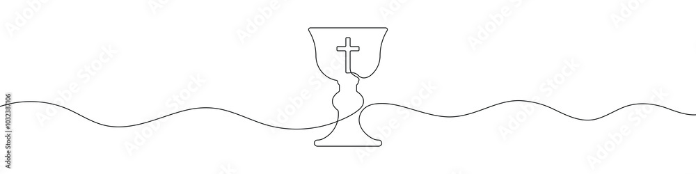 Continuous line drawing of holy grail with cross. Church communion cup ...